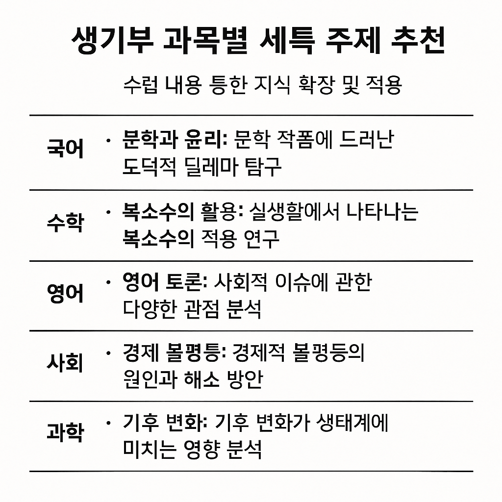 생기부 과목별 세특 주제 추천 수업 내용 심화 탐구를 통한 지식 확장 및 적용 사례 연구