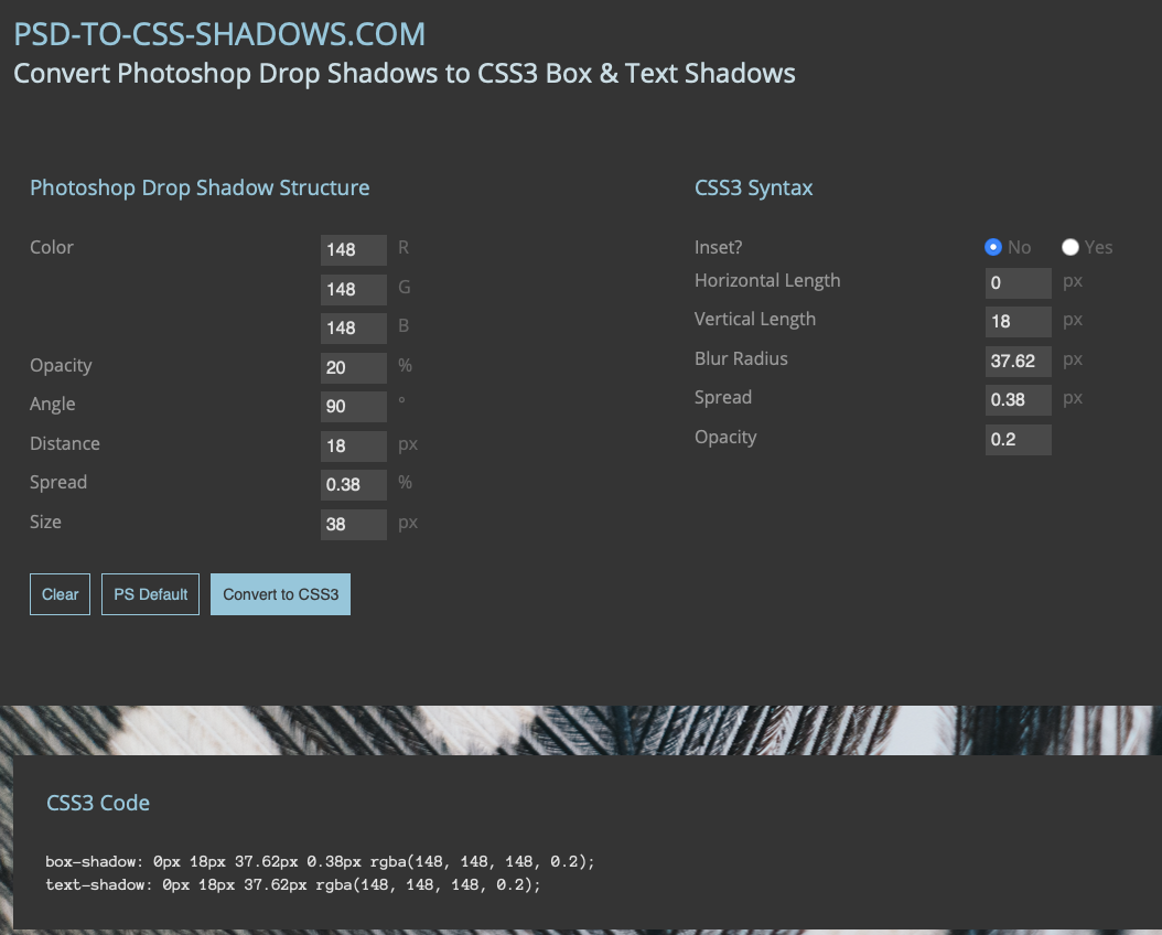 PSD to CSS3 Shadows 포토샵의 그림자 설정값을 CSS 값으로 변환해주는 사이트