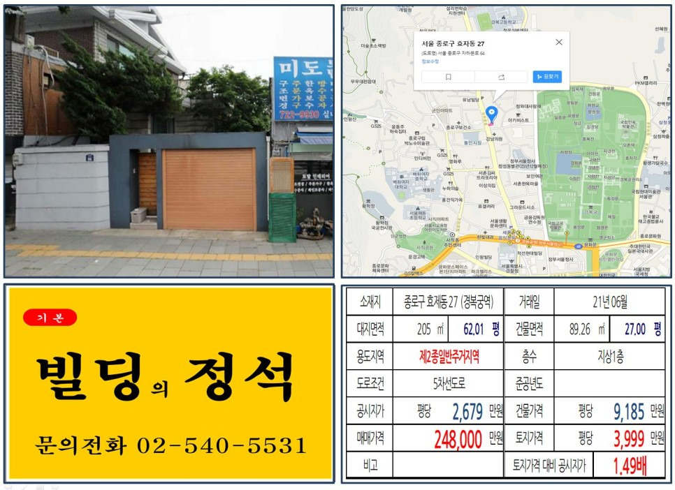 종로구 통인시장 20억 꼬마빌딩 실거래가 조회 효제동 27 경복궁역 24억 8000만 원 평당 3999만 원
