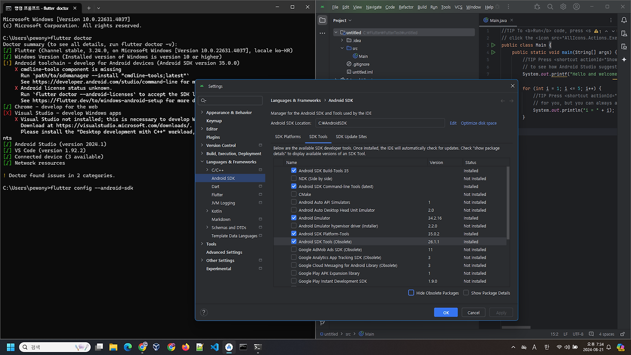 Flutter 개발 환경 설정 시 'cmdline-tools component is missing' 오류
