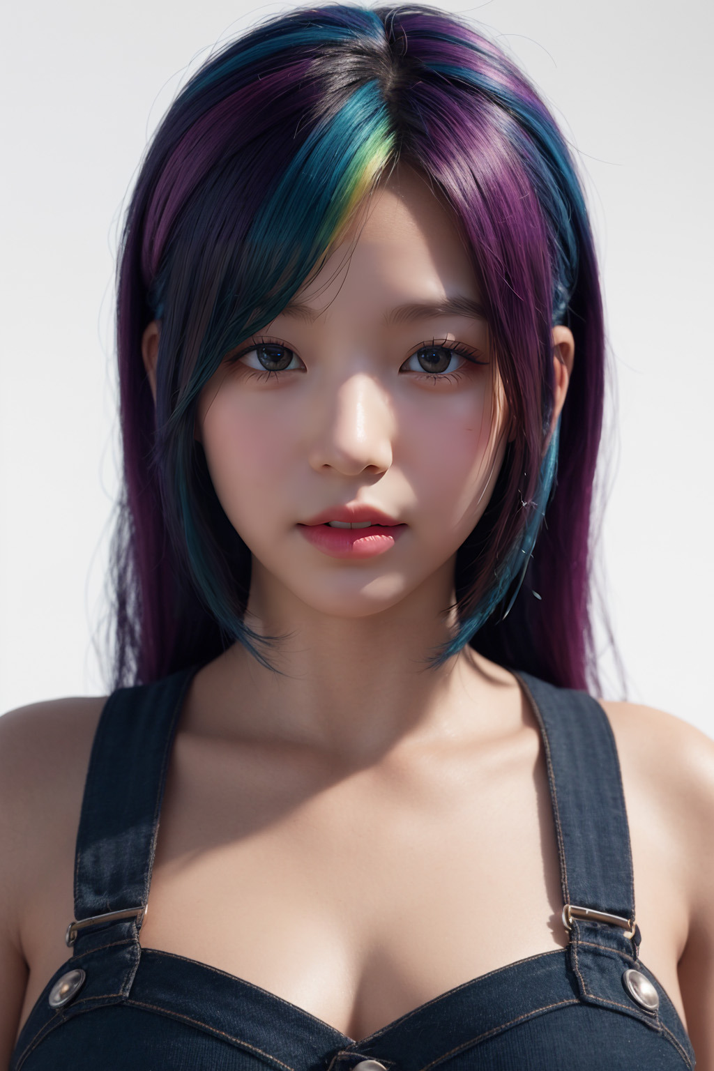 Ai 컬러풀한 헤어에 멜빵바지 입은 여자 이미지 생성하기 1