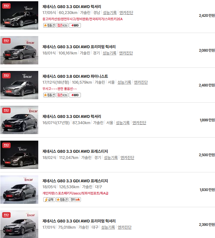 2025 제네시스 G80 중고차 가격25년 3월 기준