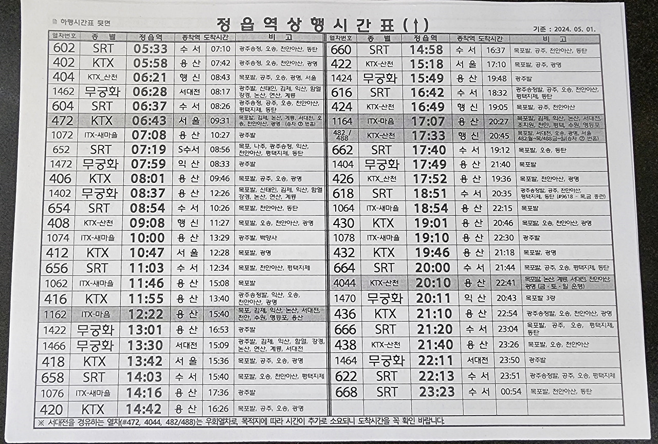 정읍역 Ktx Srt 열차시간표 주차장 요금표