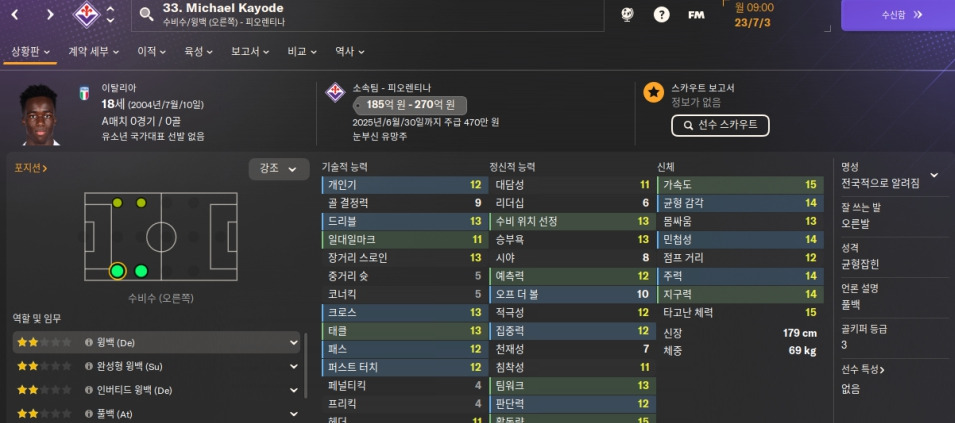 FM2024 오른쪽 풀백 유망주 RB 리스트 추천