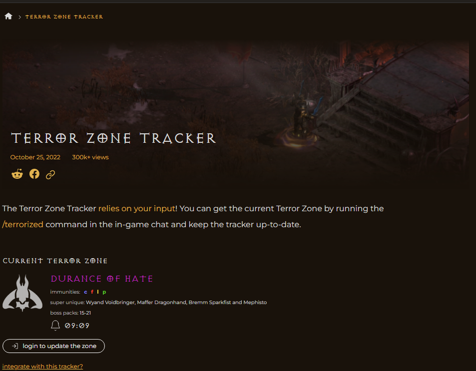 디아블로2 레저렉션 2.5 공포영역(Terror Zone Tracker) 정보 사이트