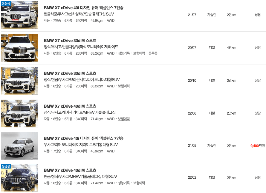 Bmw X7 중고차 가격 시세표 포토 기타 전모델 2019~2023 2024