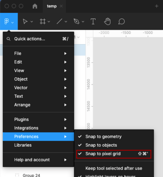 피그마(Figma) 도형 자석 옵션 제거 (snap to pixel grid)