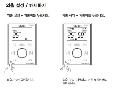 경동 나비엔 콘덴싱 On Ai 가스보일러 사용설명서 Ngb553 실내온도조절기난방 온도 온수 외출 예약 사용방법
