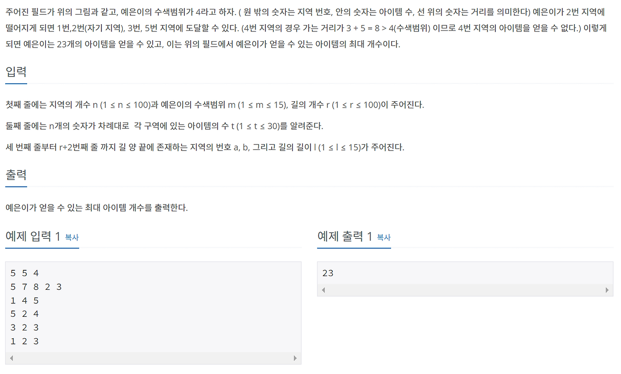 [Baekjoon/Python] 14938번: 서강그라운드 - 효과는 굉장했다!