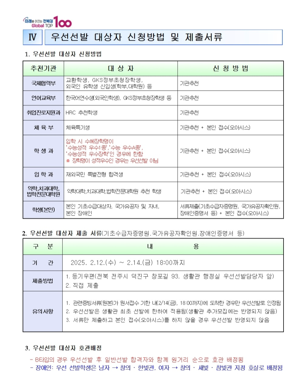 2025학년도 전북대학교 전주캠퍼스 생활관생 모집안내