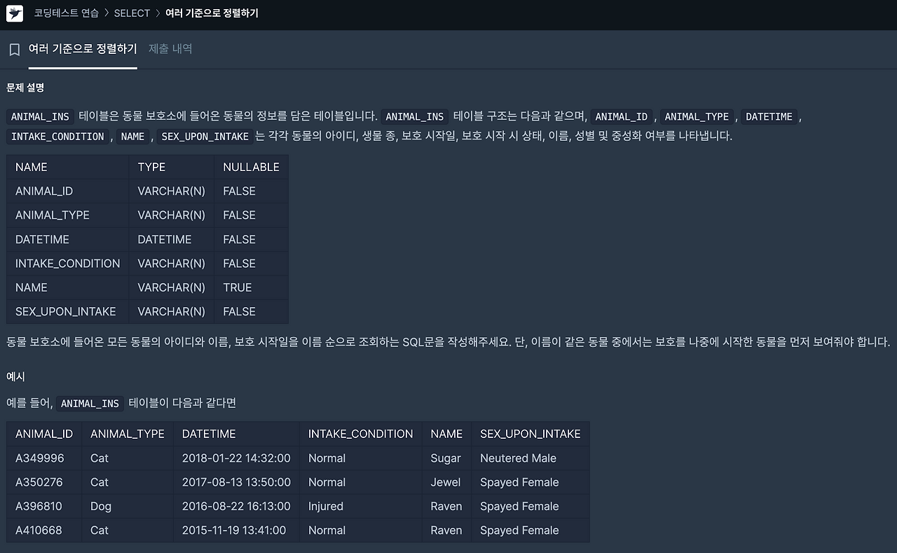 프로그래머스 코딩테스트 연습 Sql 06 여러 기준으로 정렬하기 Mysql