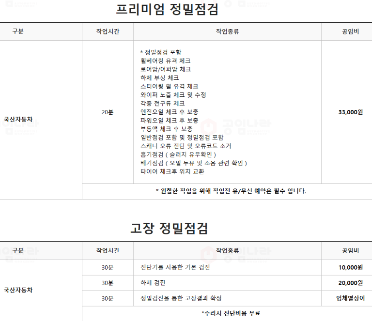💿공임나라 공임표💿 예약 방법 공임 확인 엔진오일 미션오일 타이어 배터리 교환비용