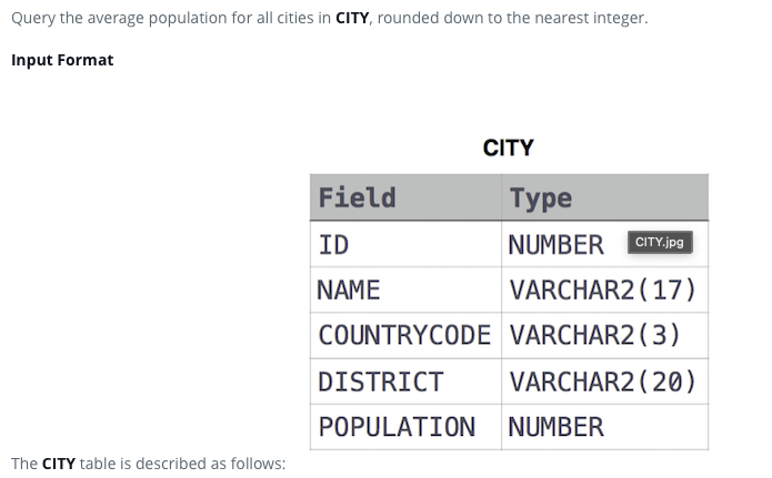 [HackerRank : SQL-Oracle] Average Population 외 1개 :: 희야의 개발 블로그