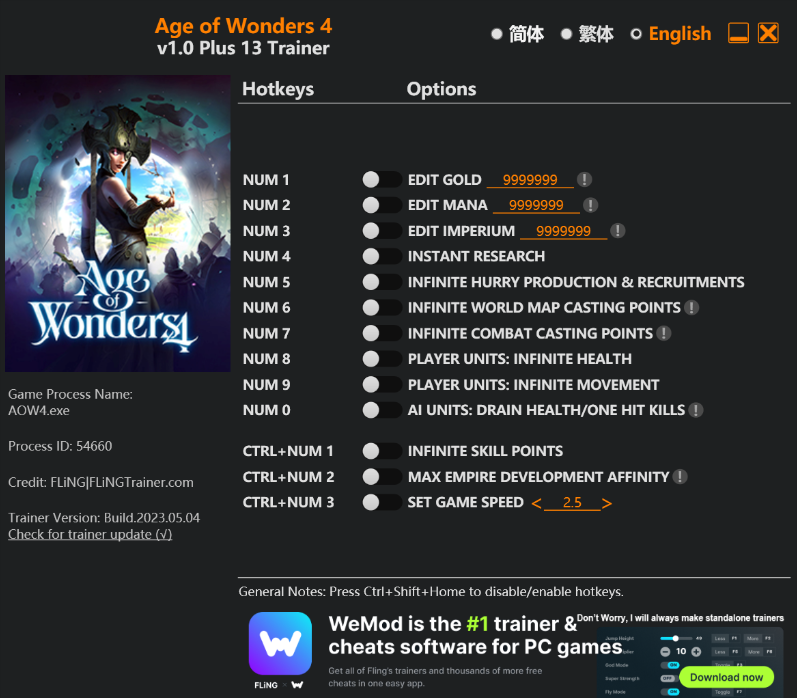 [트레이너] 한글판 에이지 오브 원더스4 최신 트레이너 Age of Wonders 4 v1.0 Plus 13 Trainer