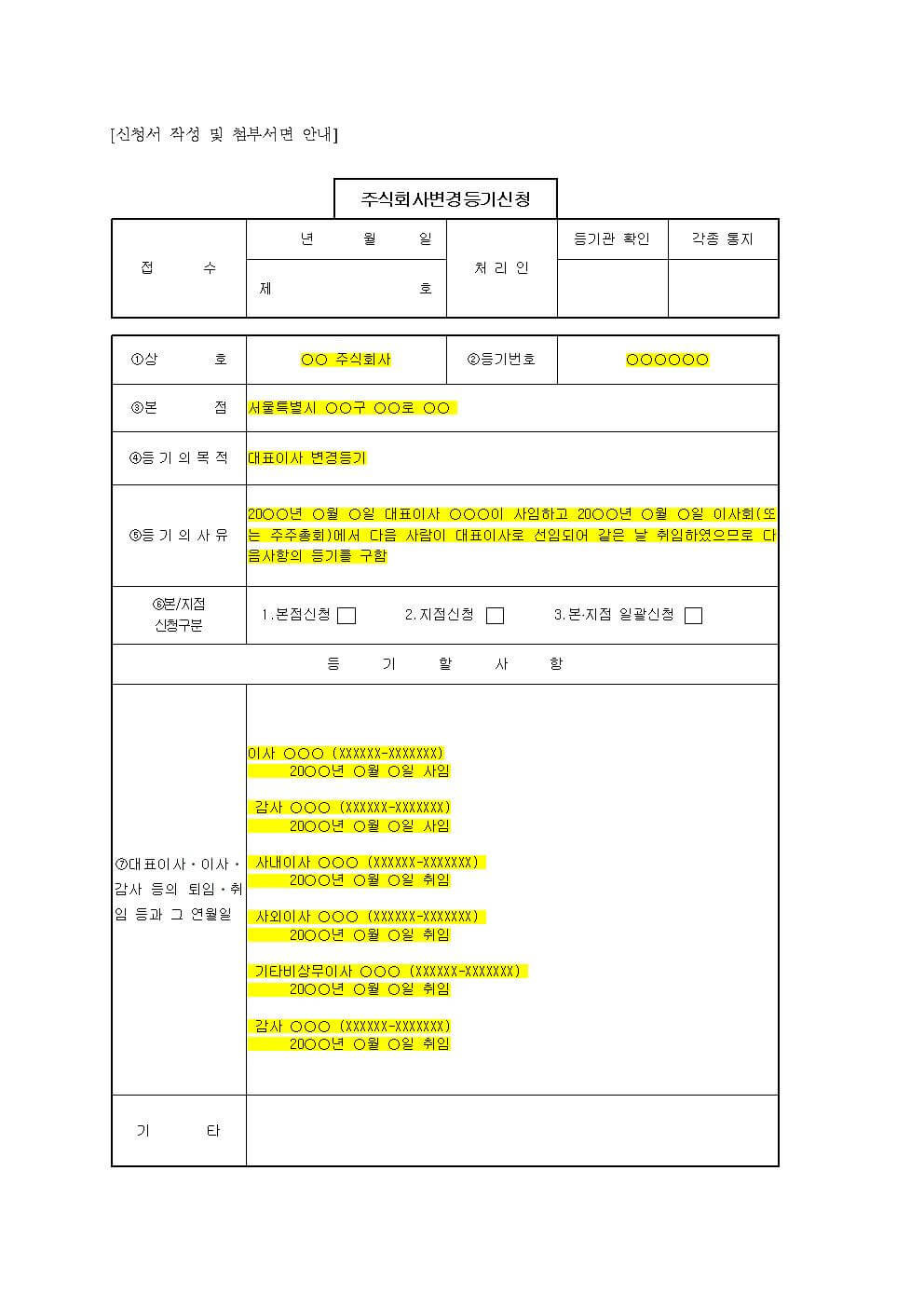 셀프 법인 변경등기 중임연임 필요서류 다운 서류예시제공