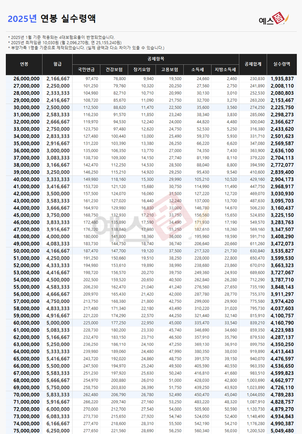 2025년 연봉 실수령액 연봉1억 실수령액