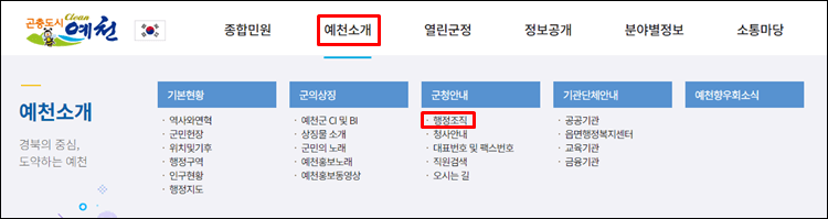 예천군청 홈페이지 조직도 및 민원실 전화번호 바로가기