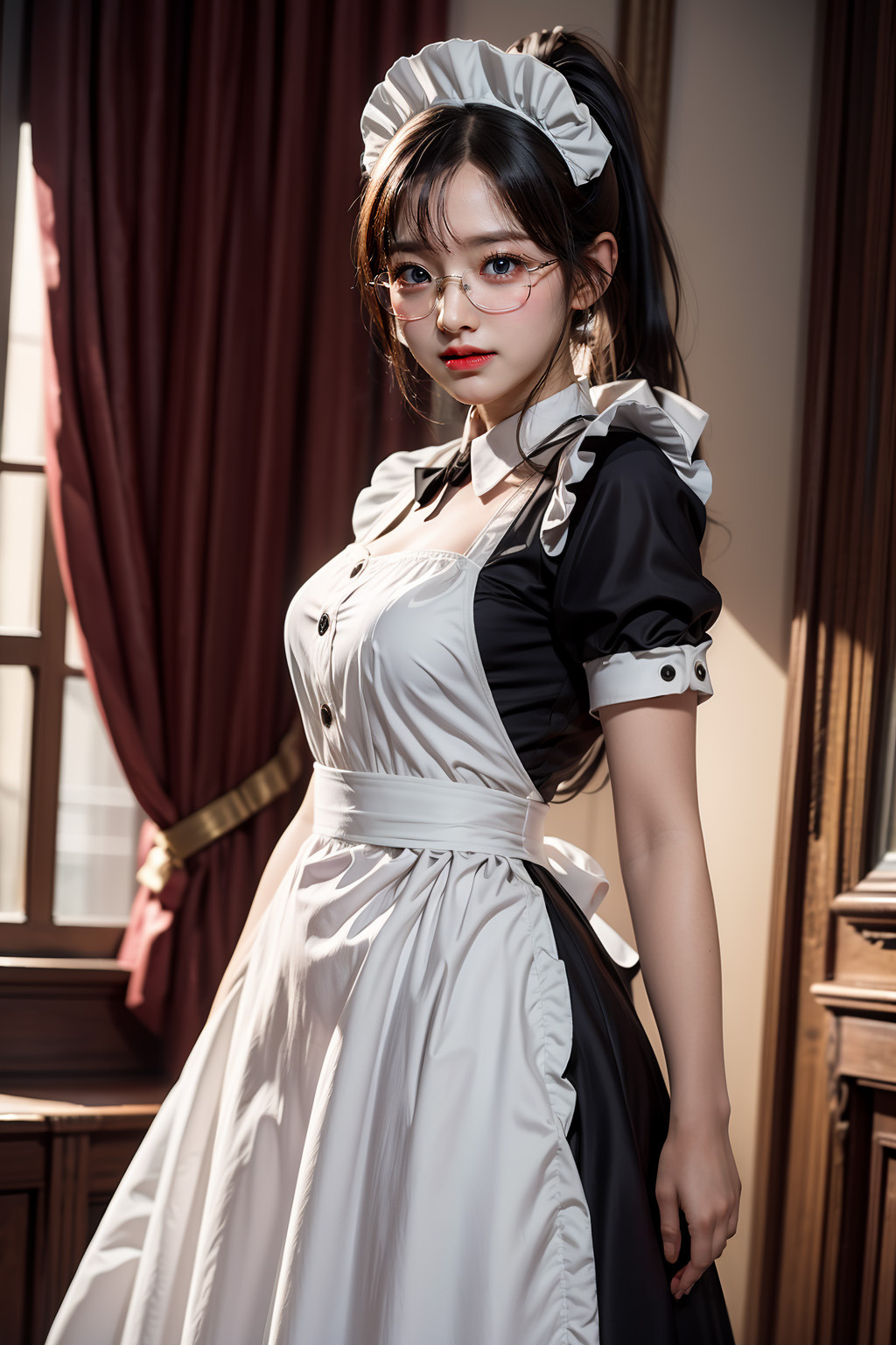 Ai로 생성한 안경쓴 포니테일 메이드 이미지 1