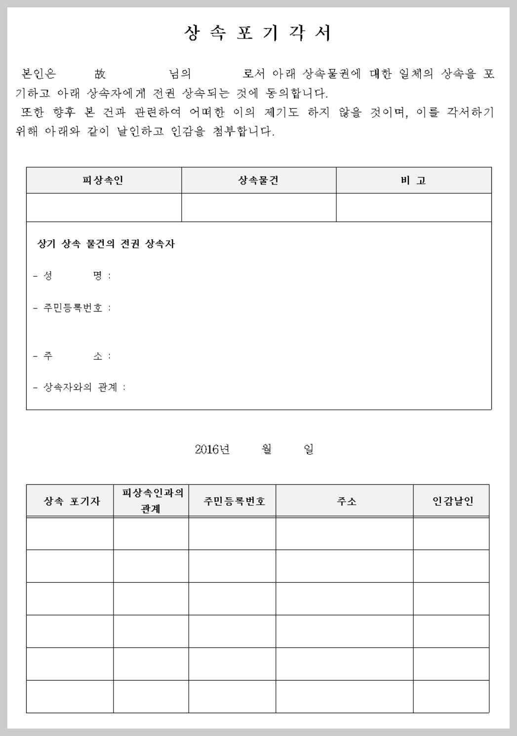 상속포기 신청시 필요한서류