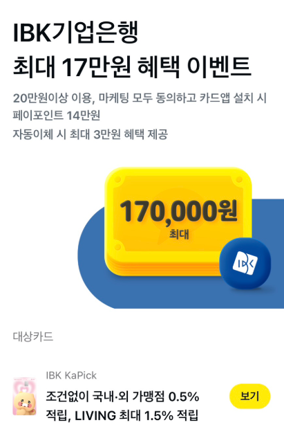 IBK기업은행 카드 캐시백 14만원 (IBK Kapick X 카카오페이!, 4월)