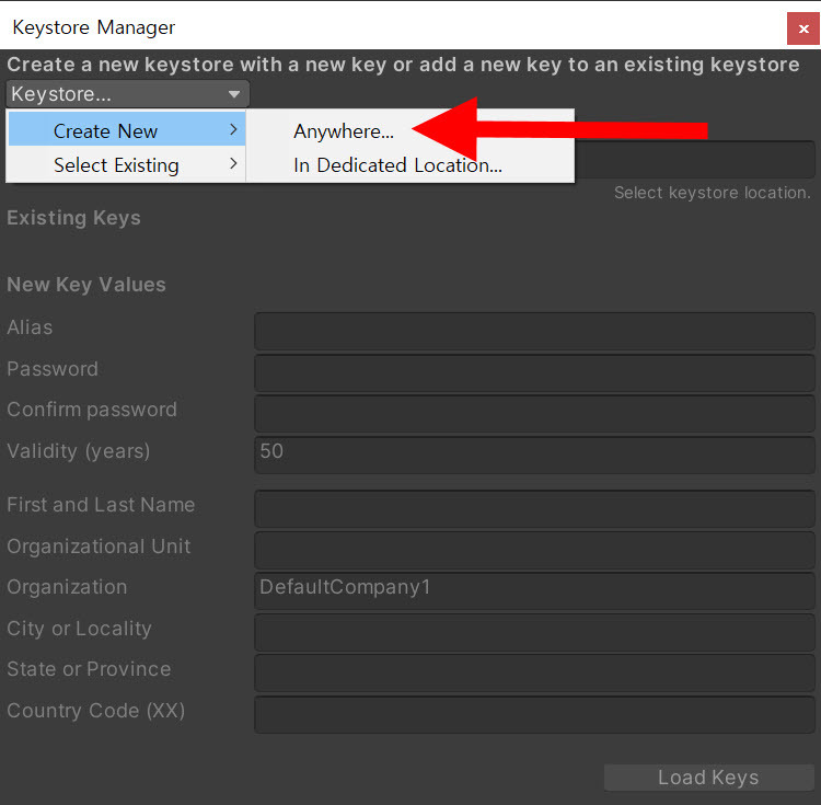 유니티에서 안드로이드 키스토어 생성하기(keystore)