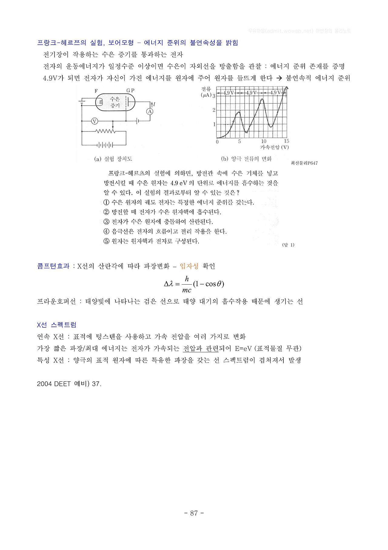 현대물리 에너지의 양자화 개념 광전효과빛의 입자성 프랑크 헤르츠의 실험 보어모형 콤프턴 효과 X선 스펙트럼