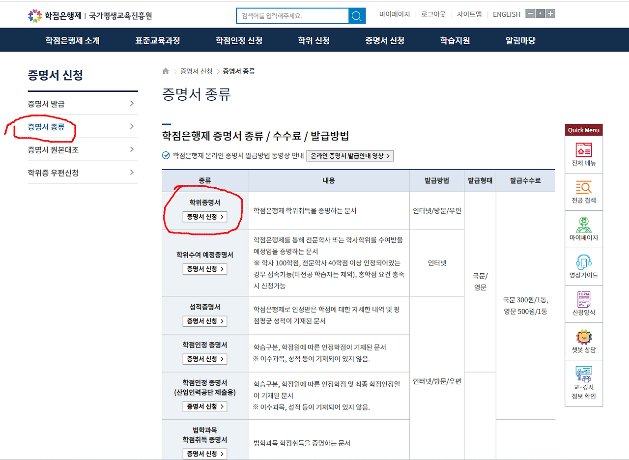 학점 은행제 졸업 증명서 발급 방법