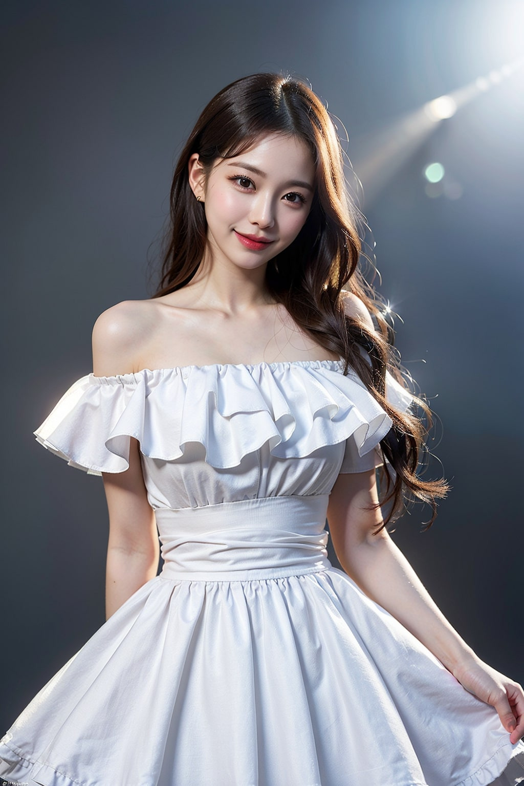 프릴 화이트 오프숄더 드레스 입은 여친컨셉 Ai로 그리기 만들기