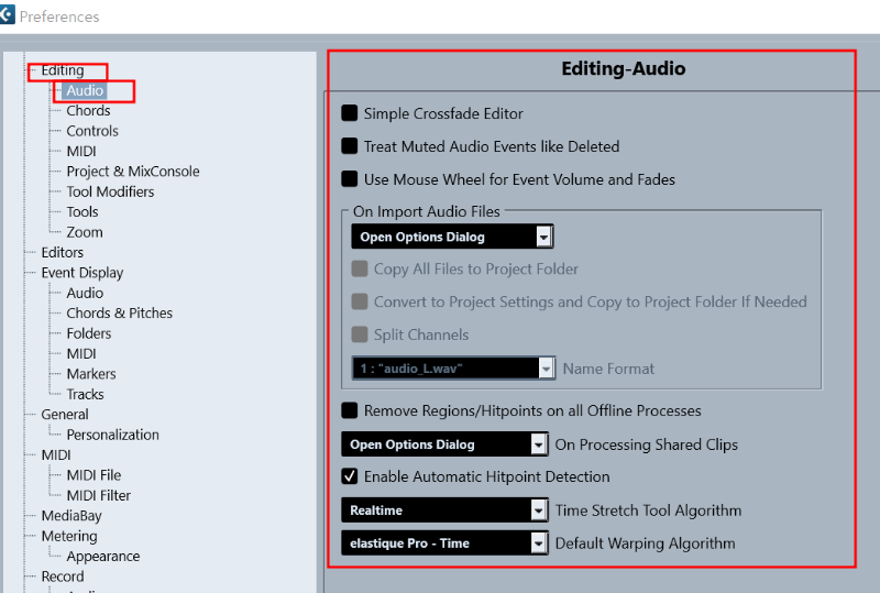 Cubase 큐베이스 13 환경설정 1 Preferences Editing Editing Audio
