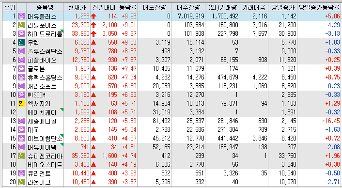 시간외 단일가 상한가 및 상승종목테마별 특징주 2023년 6월 21일 수요일 작은공방