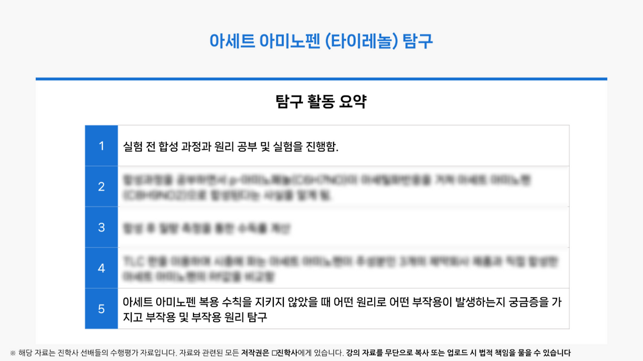 타이레놀 합성 실험 아세트 아미노펜 탐구 화학 생명과학 세특 추천 의대 약대 간호학과 생기부 합격예측은 진학사