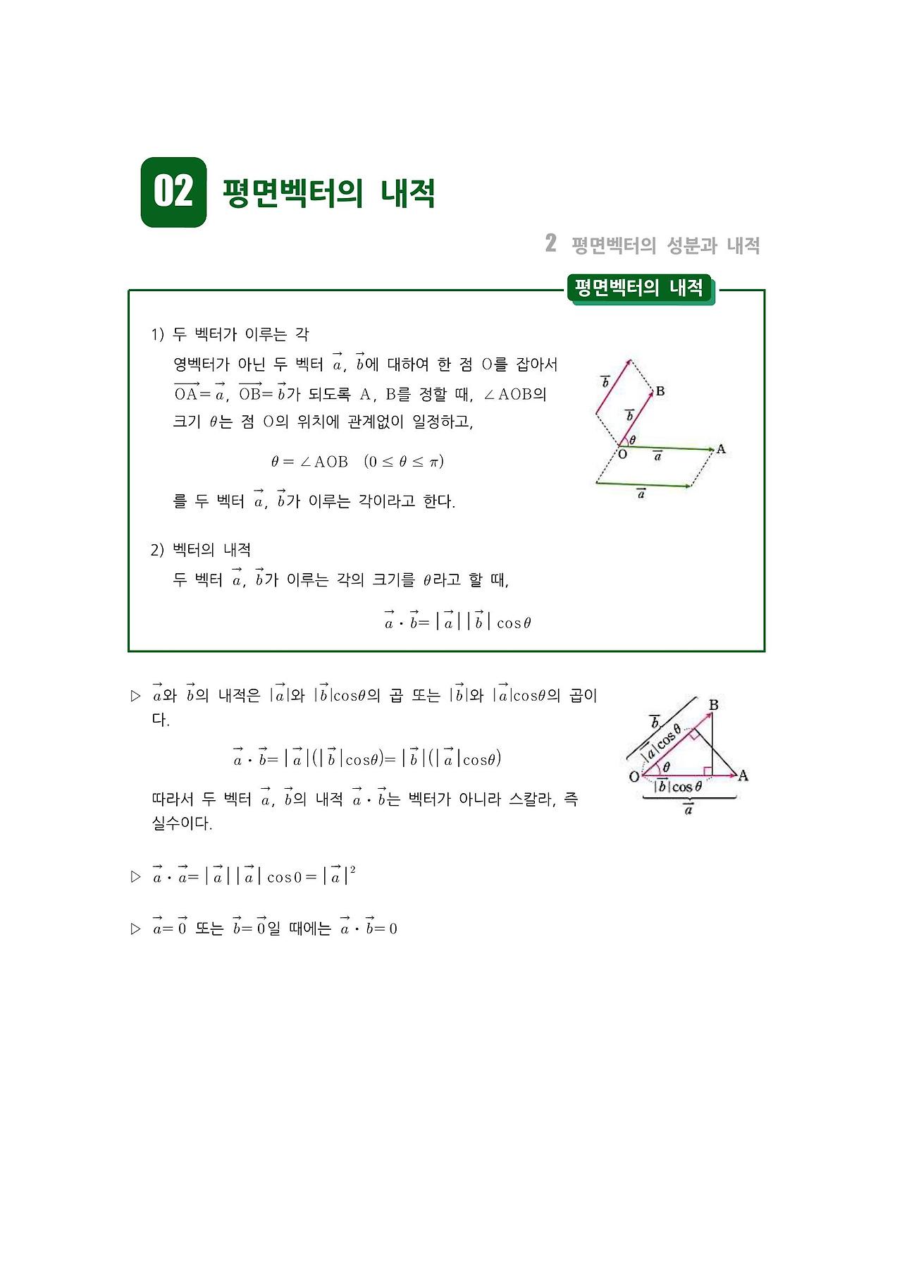 수학 개념 정리공식 평면벡터의 내적 성분으로 나타낸 평면벡터의 내적 평면벡터의 내적의 성질 두 평면벡터가 이루는 각의