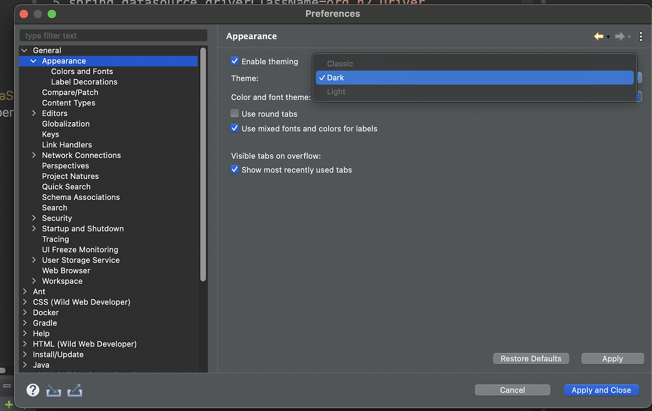 [STS4/MacOS] Window 탭에 Preferences 없을 때 - STS4 Explorer 글자 크기 변경, 다크모드 전환