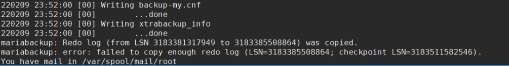 [MariaDB - Mariabackup error] failed to copy enough redo log