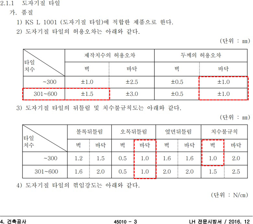 공동주택 아파트 허용오차 범위 하자보수 기준