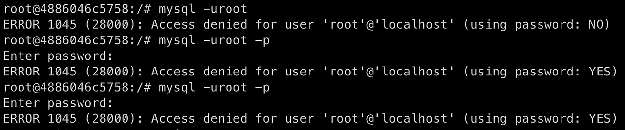 [Docker] ERROR 1045 (28000) : Access denied for user 'root'@'localhost' 해결 방법 총 정리