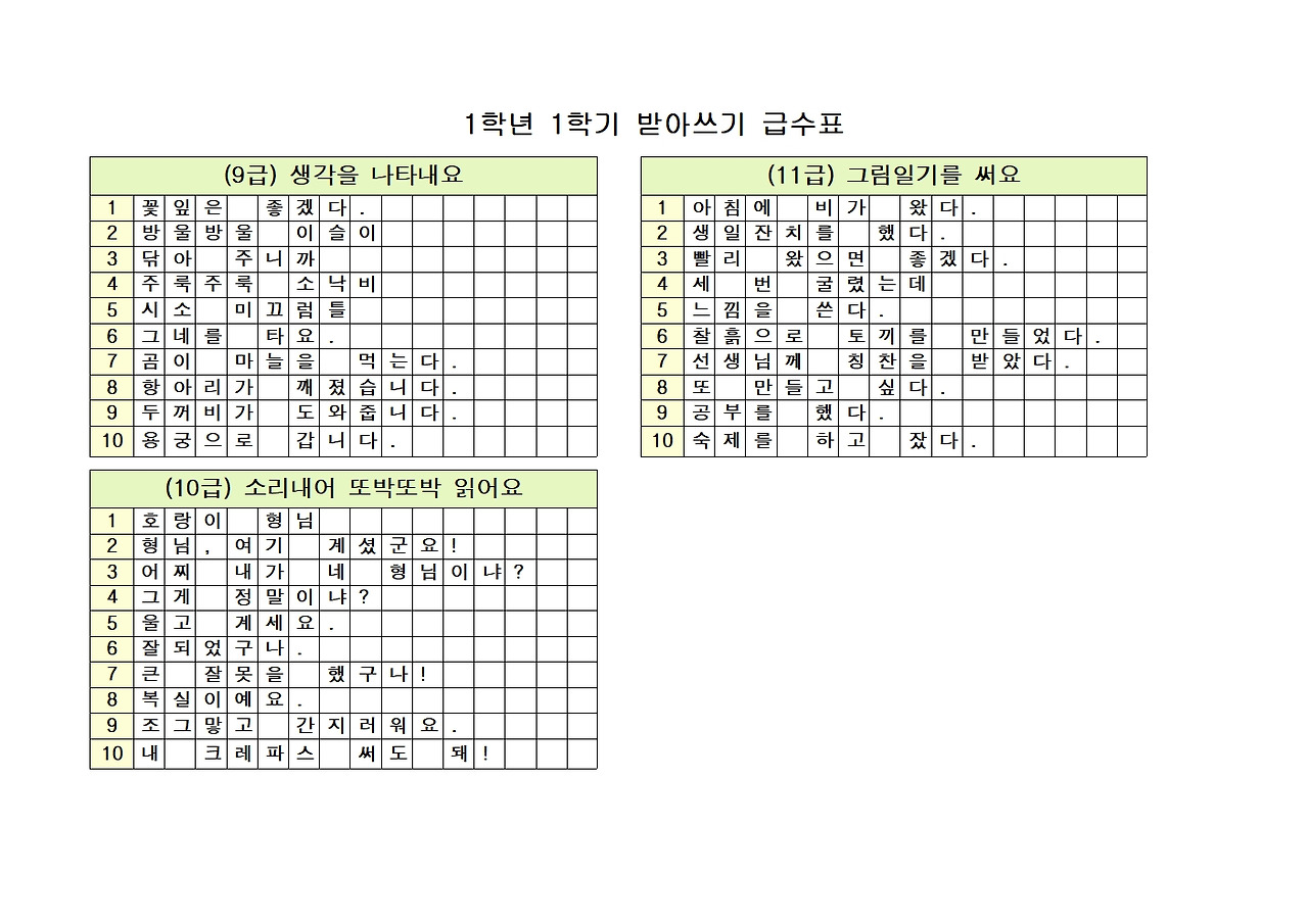 초등학교 1학년 받아쓰기 급수표1학기 2학기