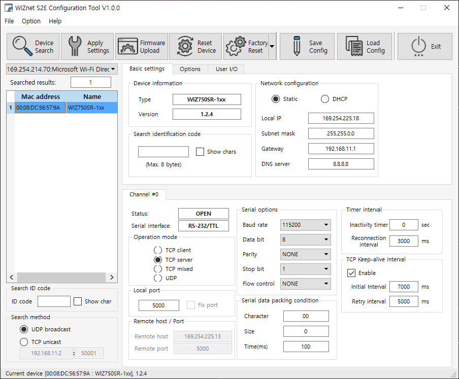 Wiz750SR-105 serial to Ethernet setting