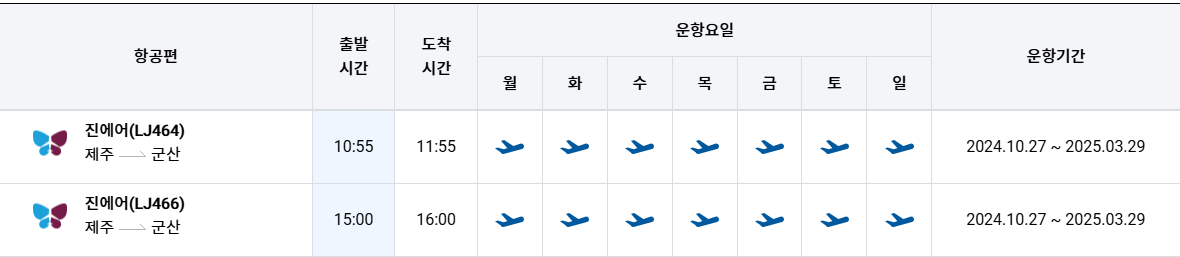 제주 군산 비행시간 항공권 예매 제주공항 군산공항 비행기 시간표