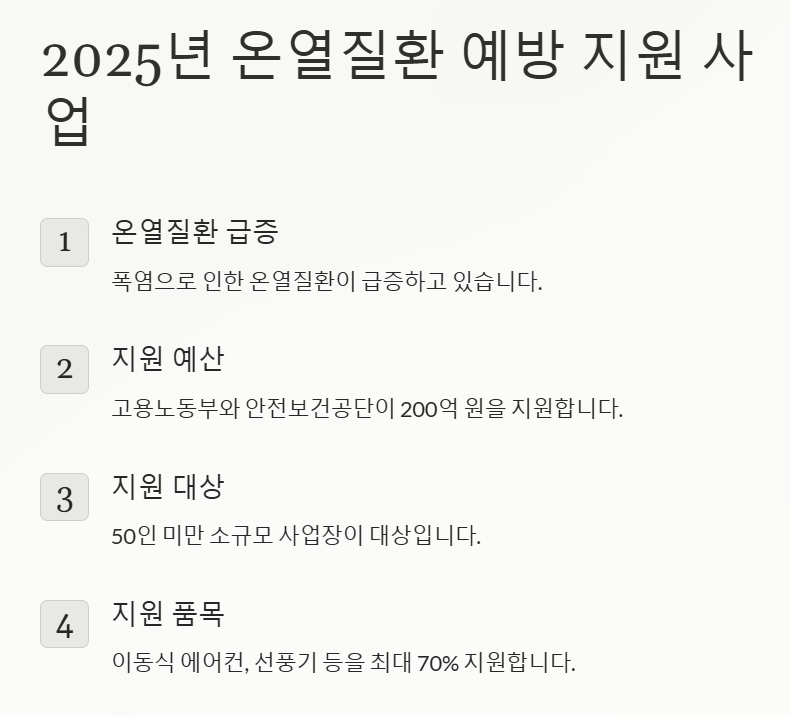 2025년 필독 온열질환 예방 장비 지원 사업 소규모 사업장 폭염 대비 필수 가이드