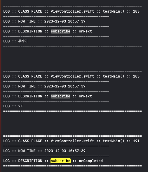 176. (swift5/xcode) [RxSwift] [Subject] PublishSubject 사용해 구독 (subscribe) 한 시점으로부터 발행 된 데이터 결과 확인