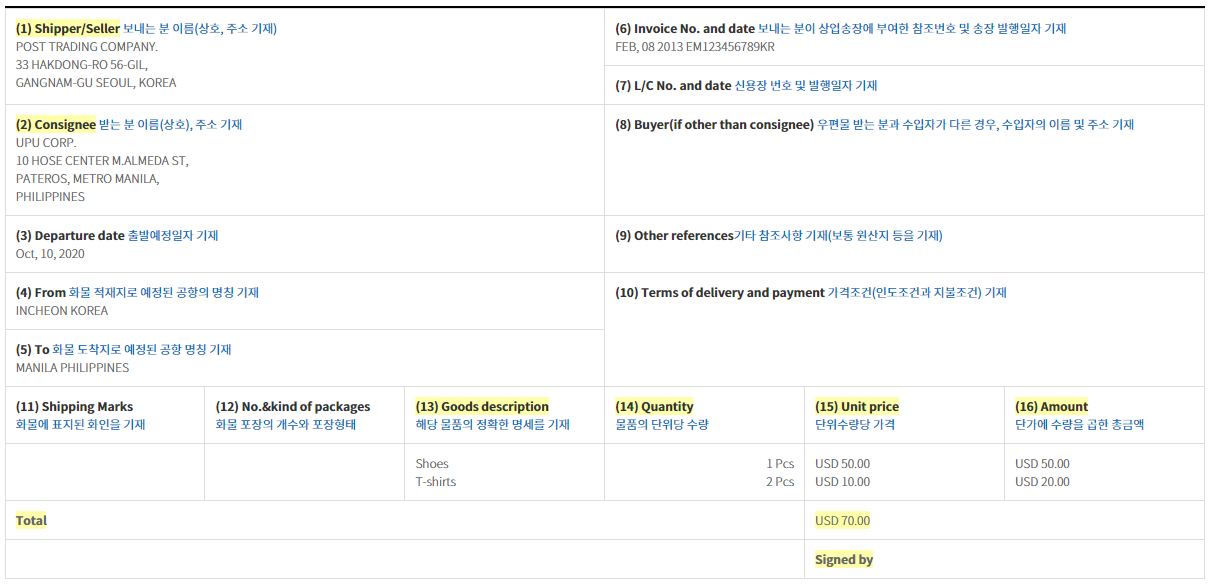 상업송장인보이스 Invoice 작성법 및 요령 인보이스 쓰는법