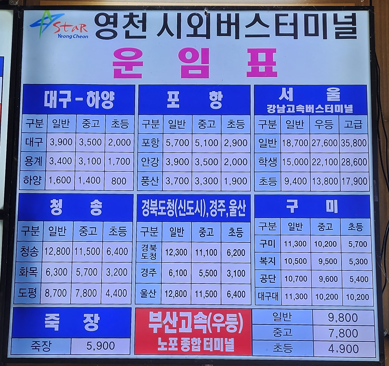 영천시외버스터미널 시간표