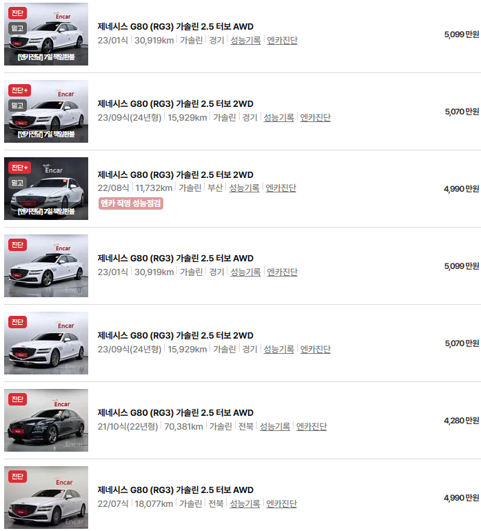 2025 제네시스 G80 중고차 가격25년 3월 기준