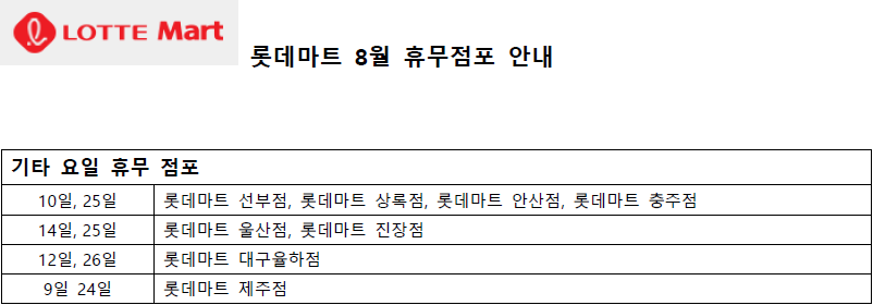 2024년 8월 롯데마트 휴무일 안내 롯데마트 8월 휴무일 정보 8월 롯데마트 휴무일 공지