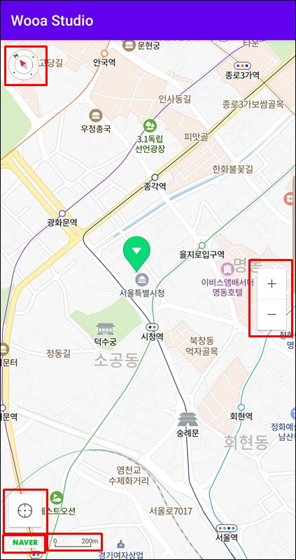 [네이버 지도 API] UI 컨트롤 제어하기(나침반, 축척바, 줌버튼, 현위치 버튼, 네이버 로고) - Wooa Studio