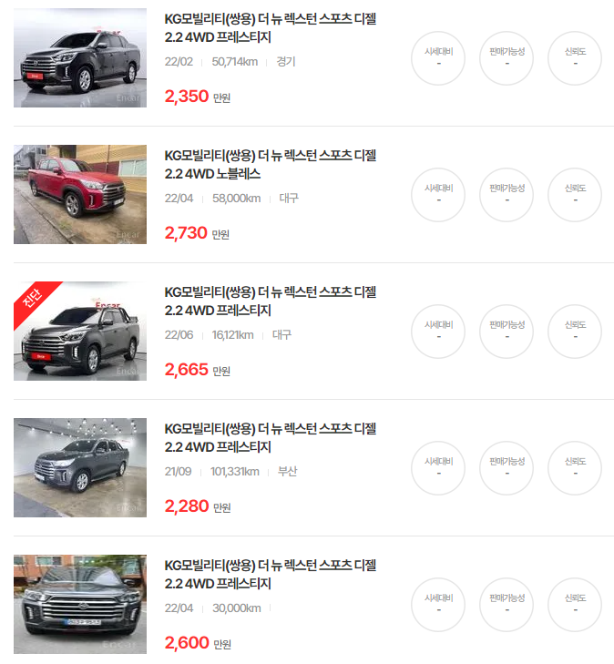 렉스턴 스포츠 중고차 가격 시세표 24년 8월 기준