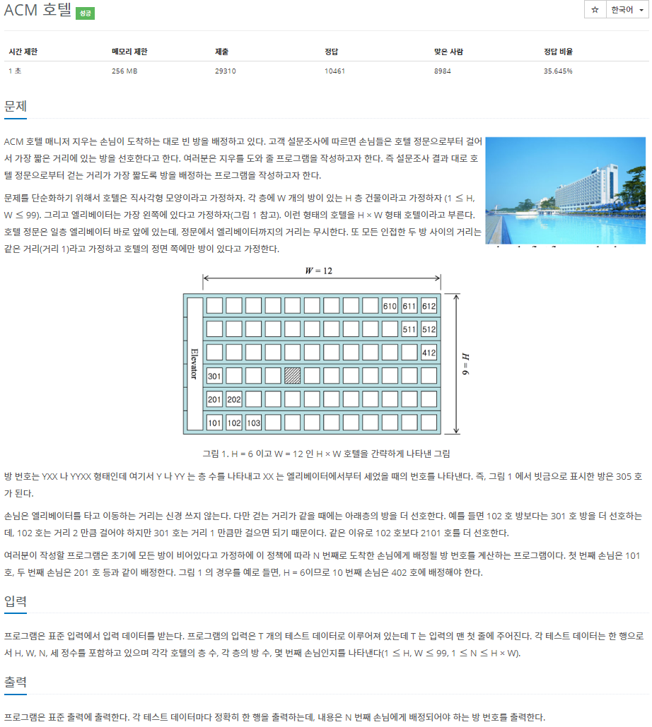 백준 10250번: ACM 호텔(ACM Hotel) Node.js(JavaScript) :: 감공사