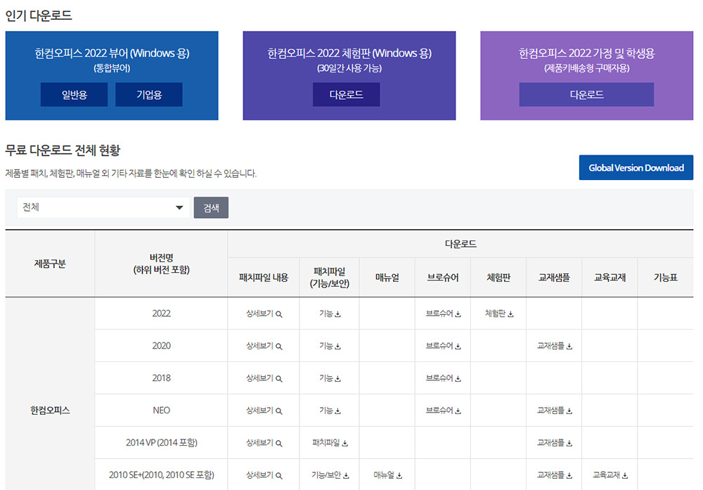 한글 한컴 오피스 2022 가정 및 학생용 정품 인증 다운로드