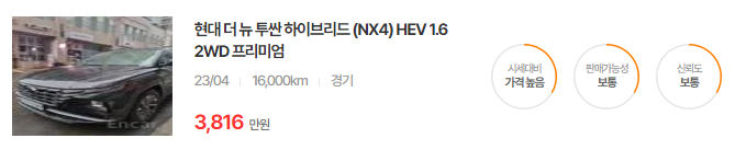 투싼 하이브리드 중고차 가격 시세표 24년 11월 기준